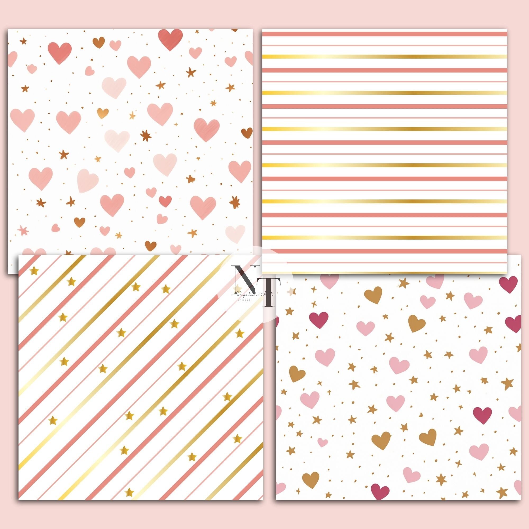 Pink Heart Valentine Digital Paper, Pink and Gold Stripes Scrapbooking ...