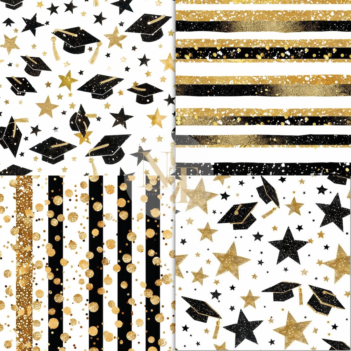 Graduation Digital Paper Seamless Pattern, Class of 2024, Glitter Gold ...
