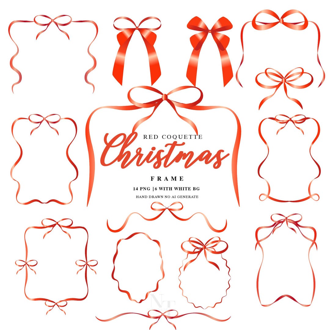 Christmas Coquette Frame Clipart PNG, Red Bow Border Frame PNG, Luxury ...
