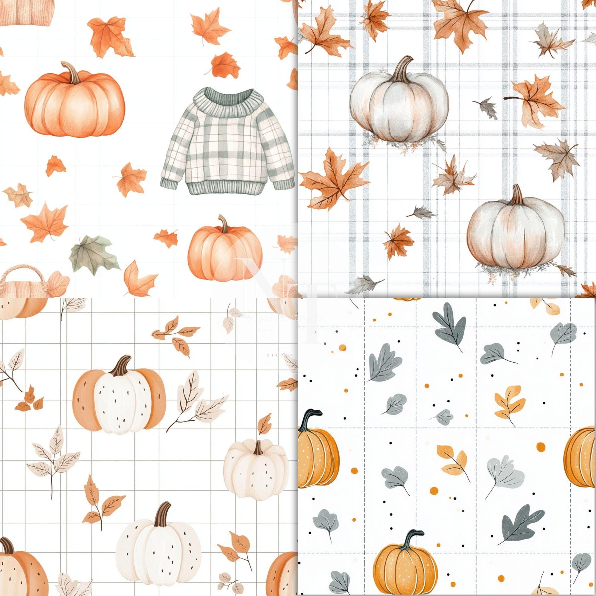 Watercolor Boho Fall Autumn Digital Paper, Pastel Pumpkin Seamless ...