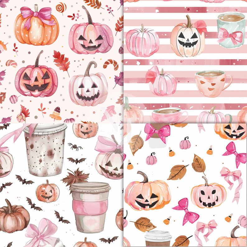 Cute Pink Ghost Halloween Digital Paper, Watercolor Halloween Seamless ...