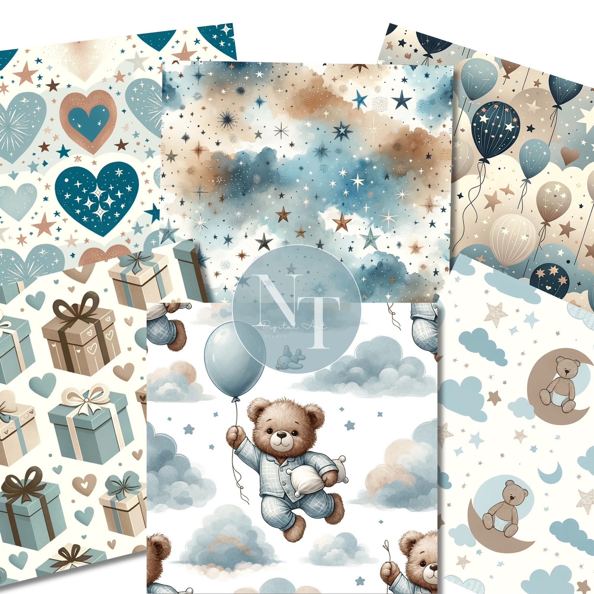 Blue Teddy Bear Digital Paper, Baby Bear Pattern, Nursery Baby Boy ...