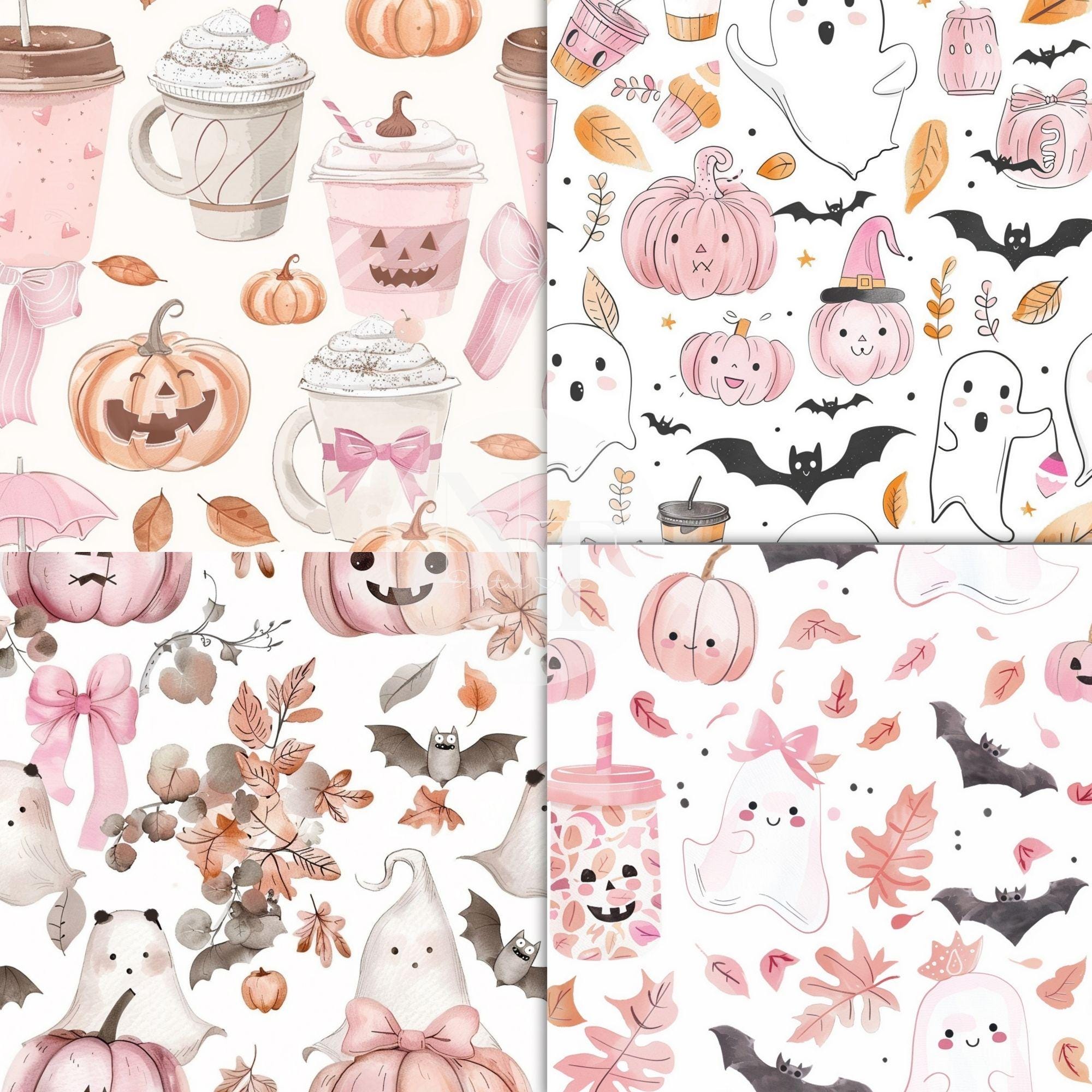 Cute Pink Ghost Halloween Digital Paper, Watercolor Halloween Seamless ...
