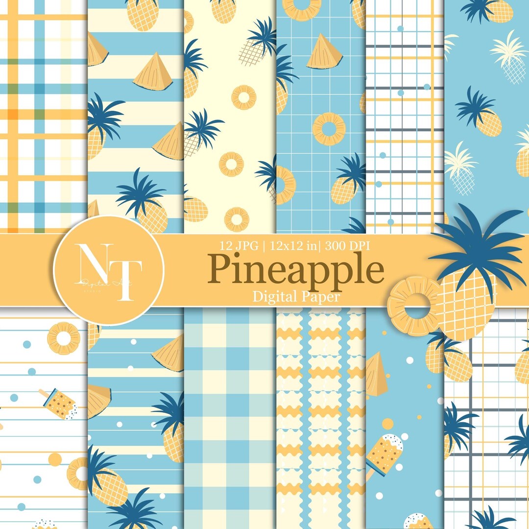 Pineapple Digital Paper, Tropical Summer Fruit Seamless Pattern, Blue ...