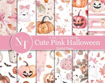 Cute Pink Ghost Halloween Digital Paper, Retro Halloween Seamless ...