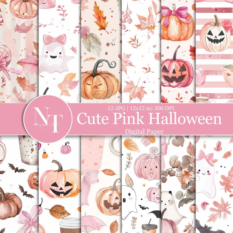 Cute Pink Ghost Halloween Digital Paper, Watercolor Halloween Seamless ...