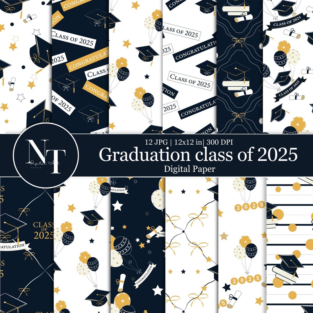 Graduation Digital Paper Seamless Pattern, Class of 2025, Gold & Navy ...