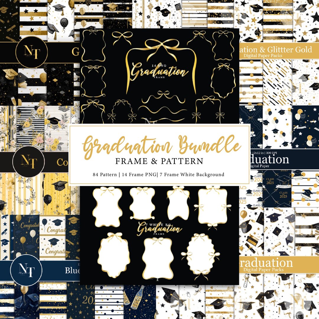 Graduation Bundle Frame & Pattern, Gold Black Graduation Digital Paper ...