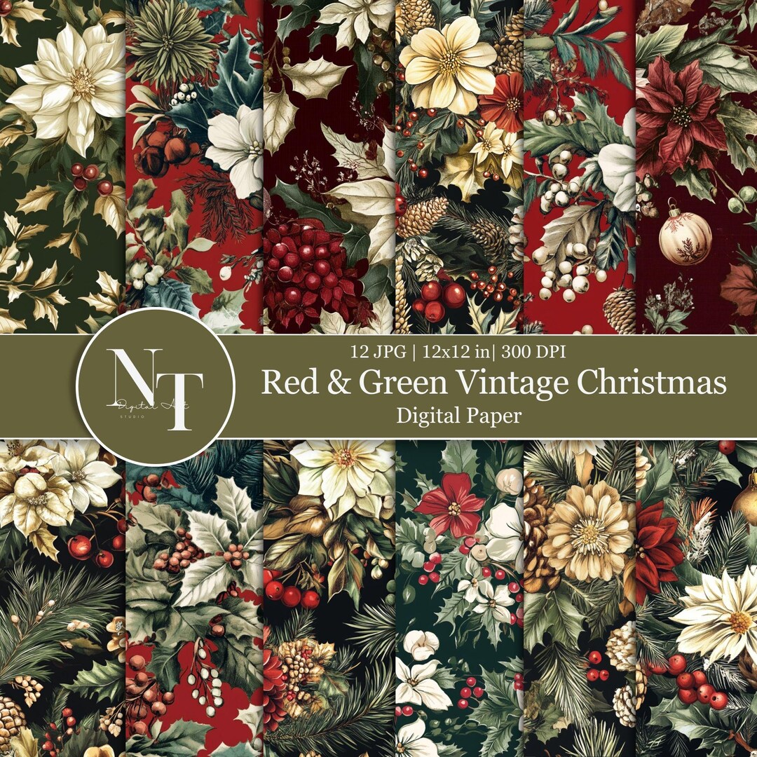 Vintage Red and Green Christmas Poinsettia Digital Paper, Christmas ...