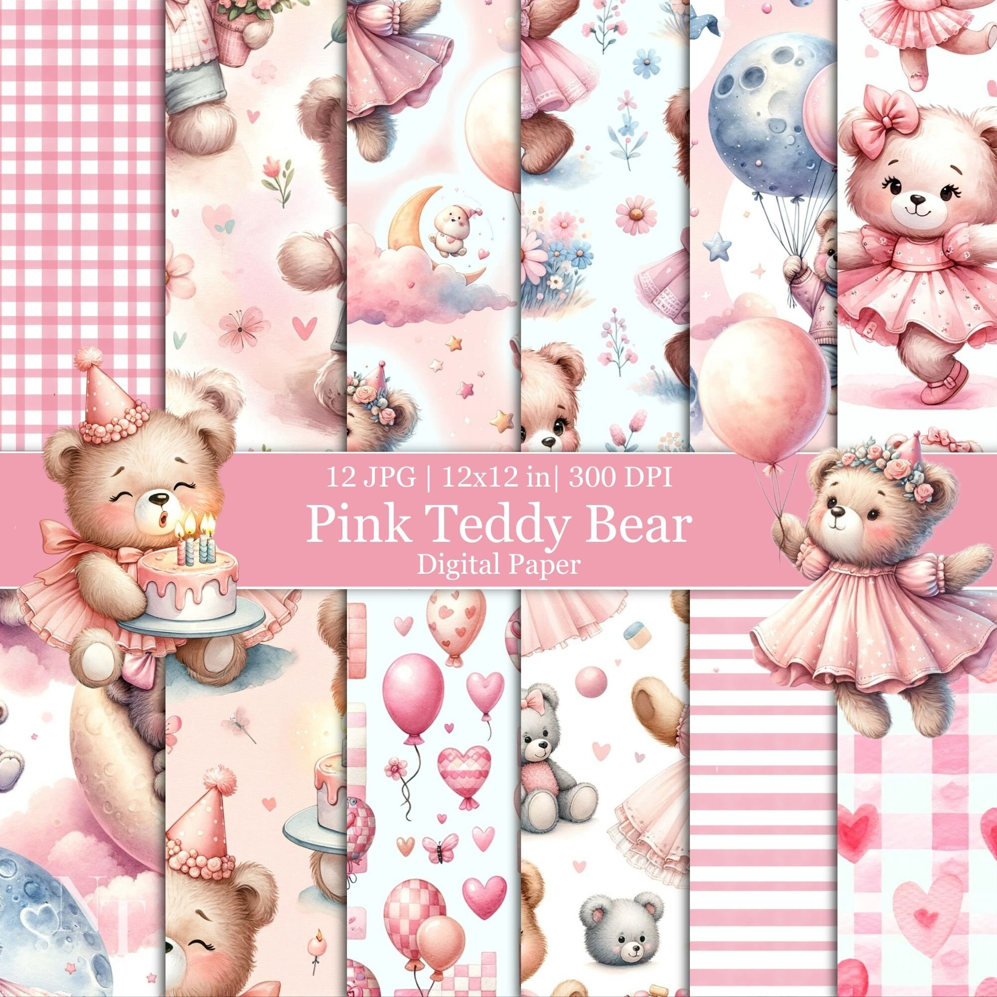 Pink Teddy Bear Digital Paper, Baby Bear Pattern, Nursery Baby Girl ...