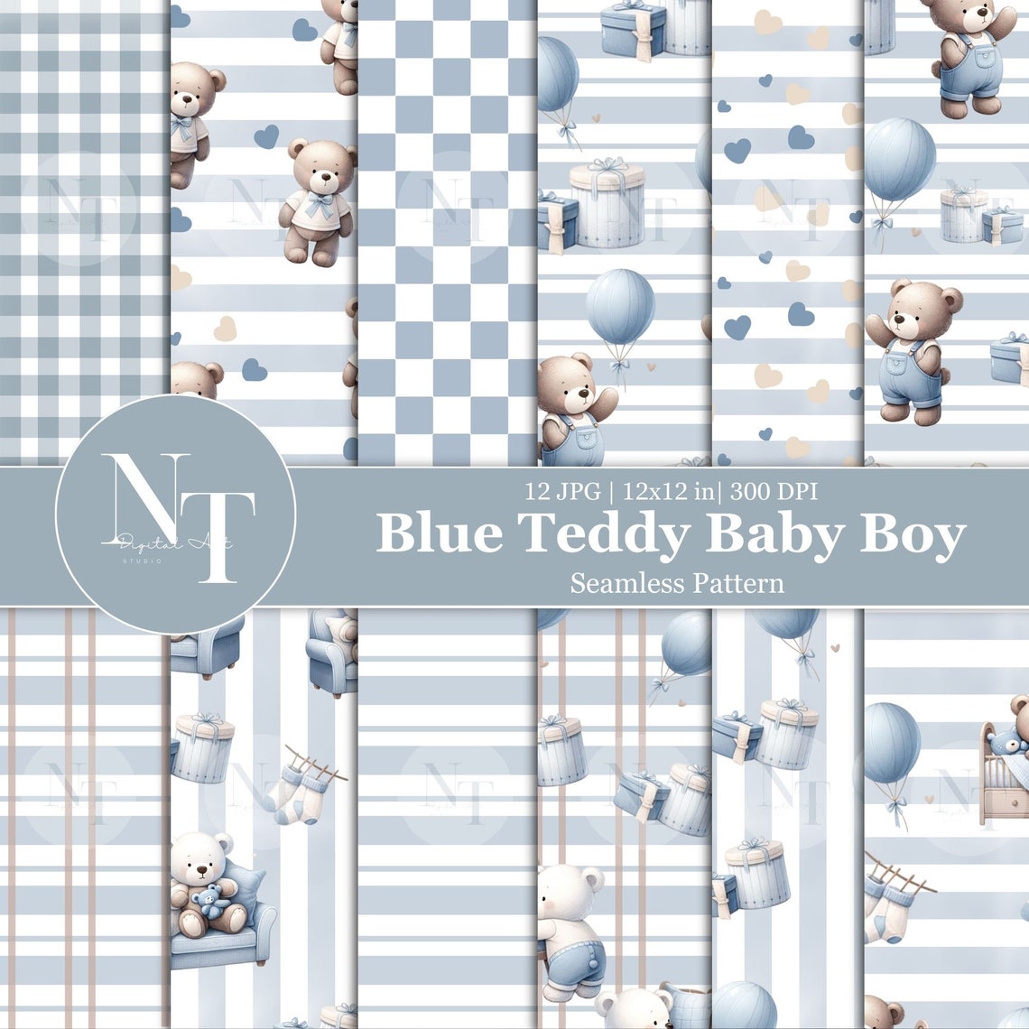 Blue Teddy Bear Digital Paper, Baby Bear Pattern, Nursery Baby Boy ...
