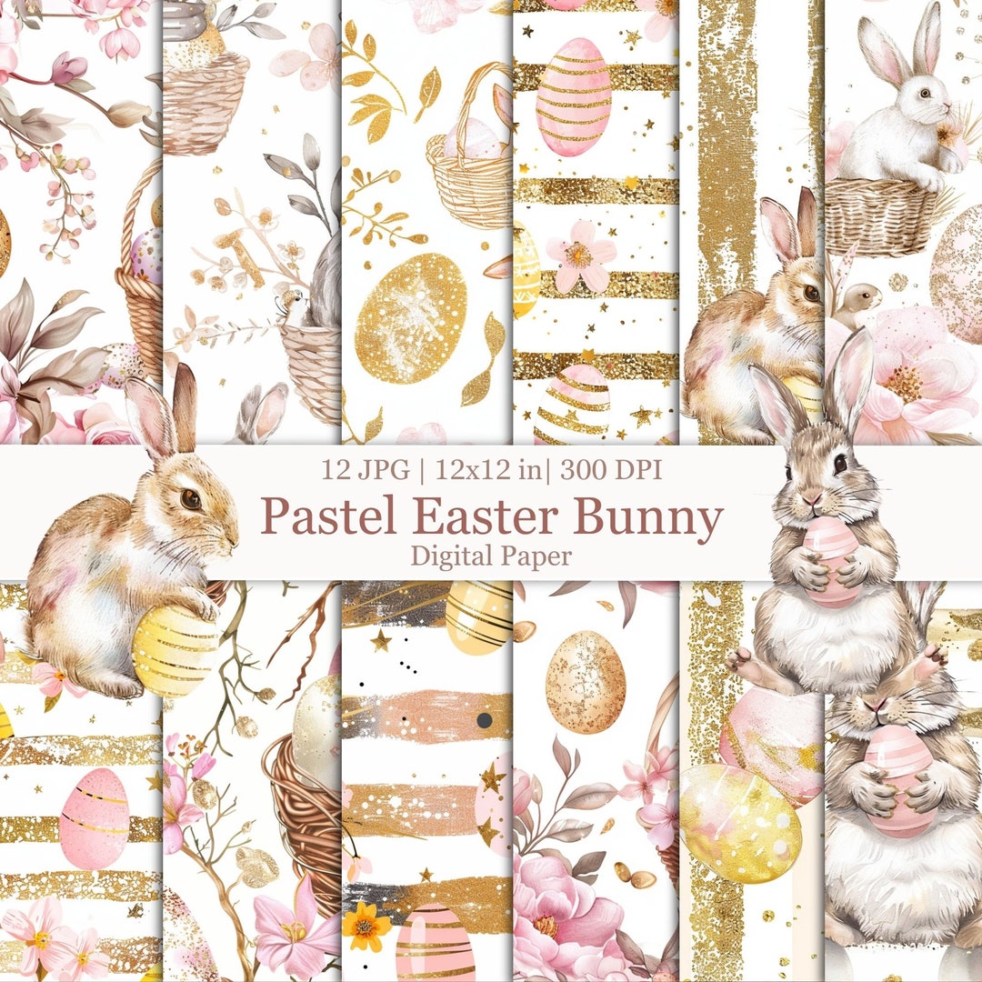 Yellow Easter Digital Paper, Easter Basket Paper, Pink Easter Bunny ...