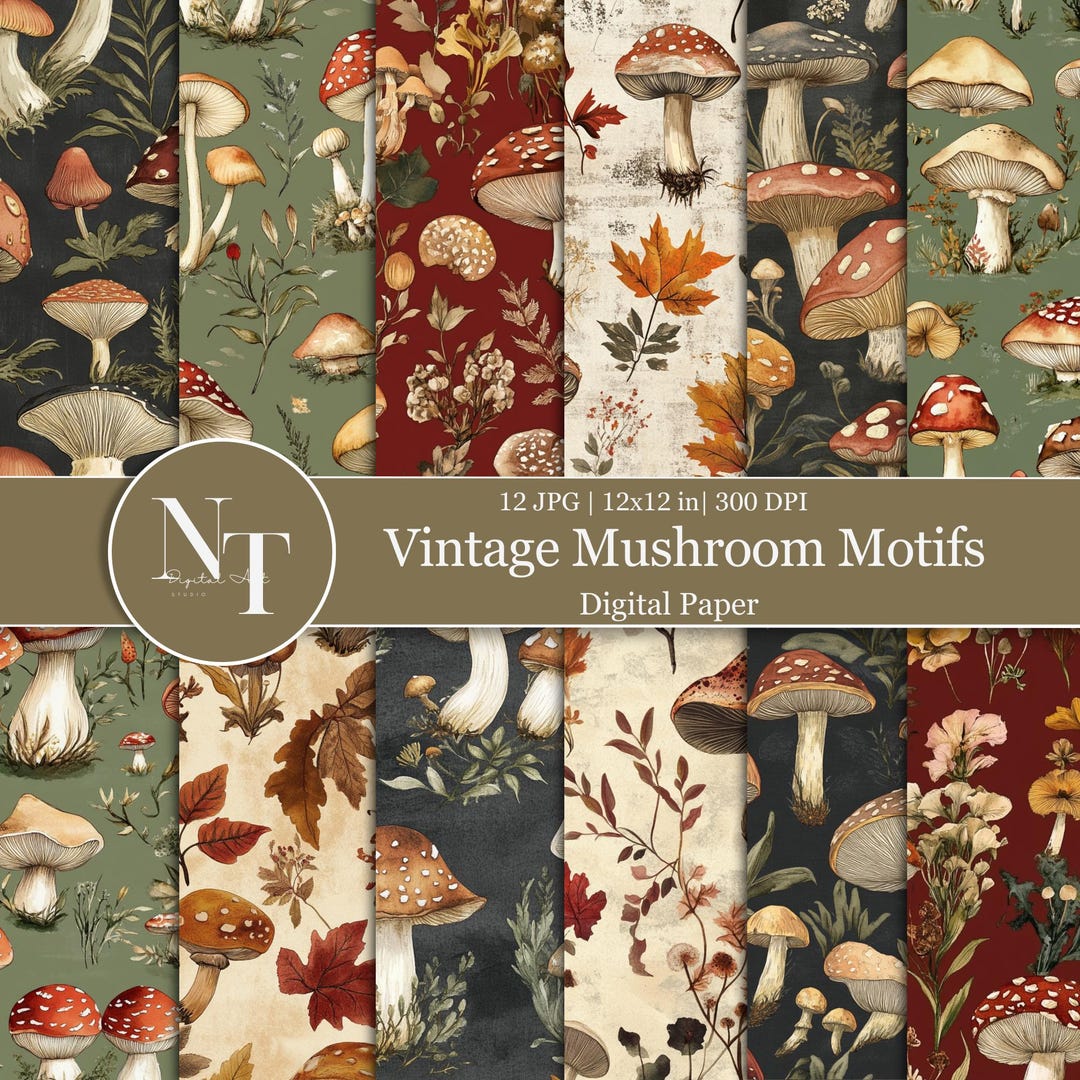 Vintage Cottagecore Mushrooms Digital Paper, Mushroom Motifs Seamless ...