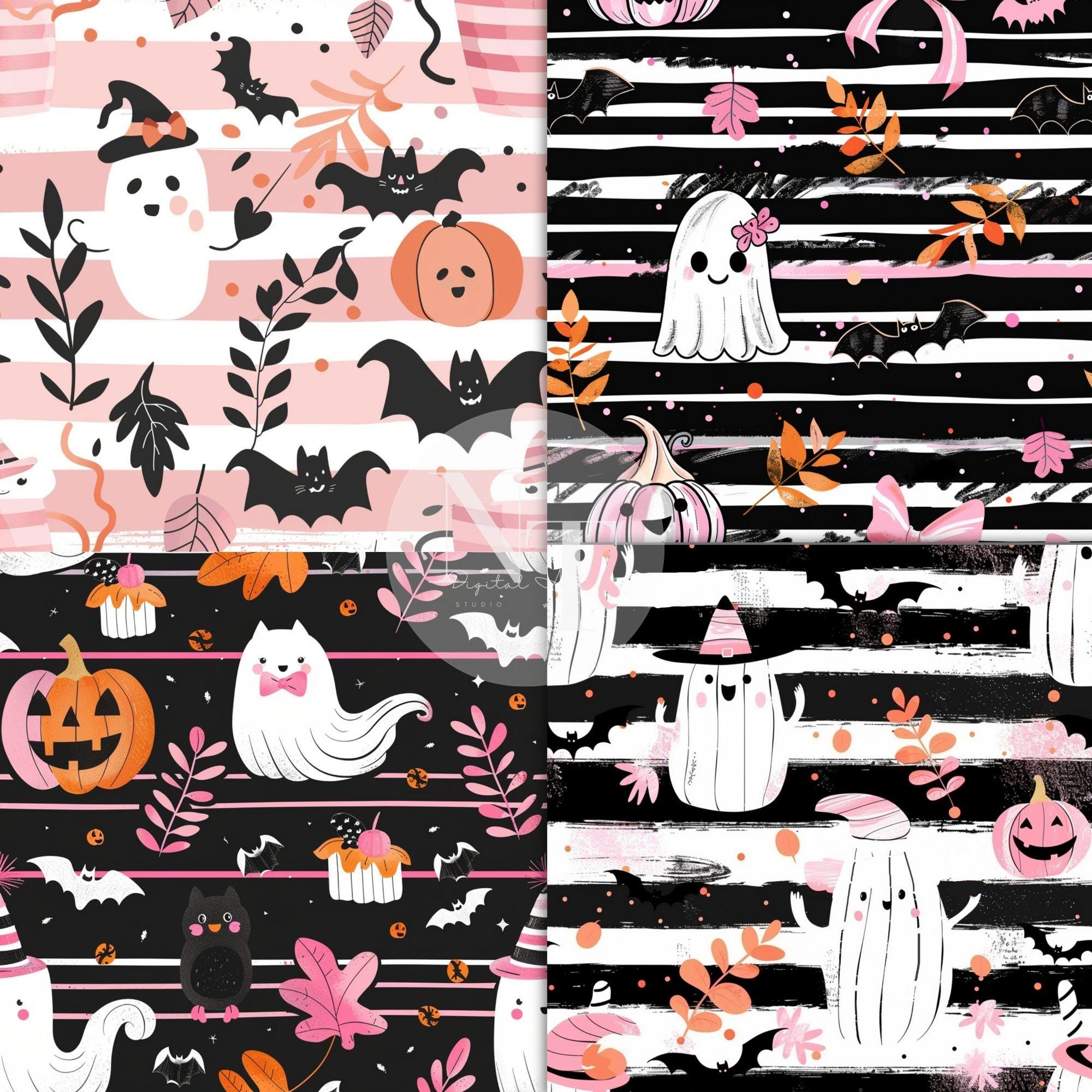 Cute Pink Ghost Halloween Digital Paper, Retro Halloween Seamless ...