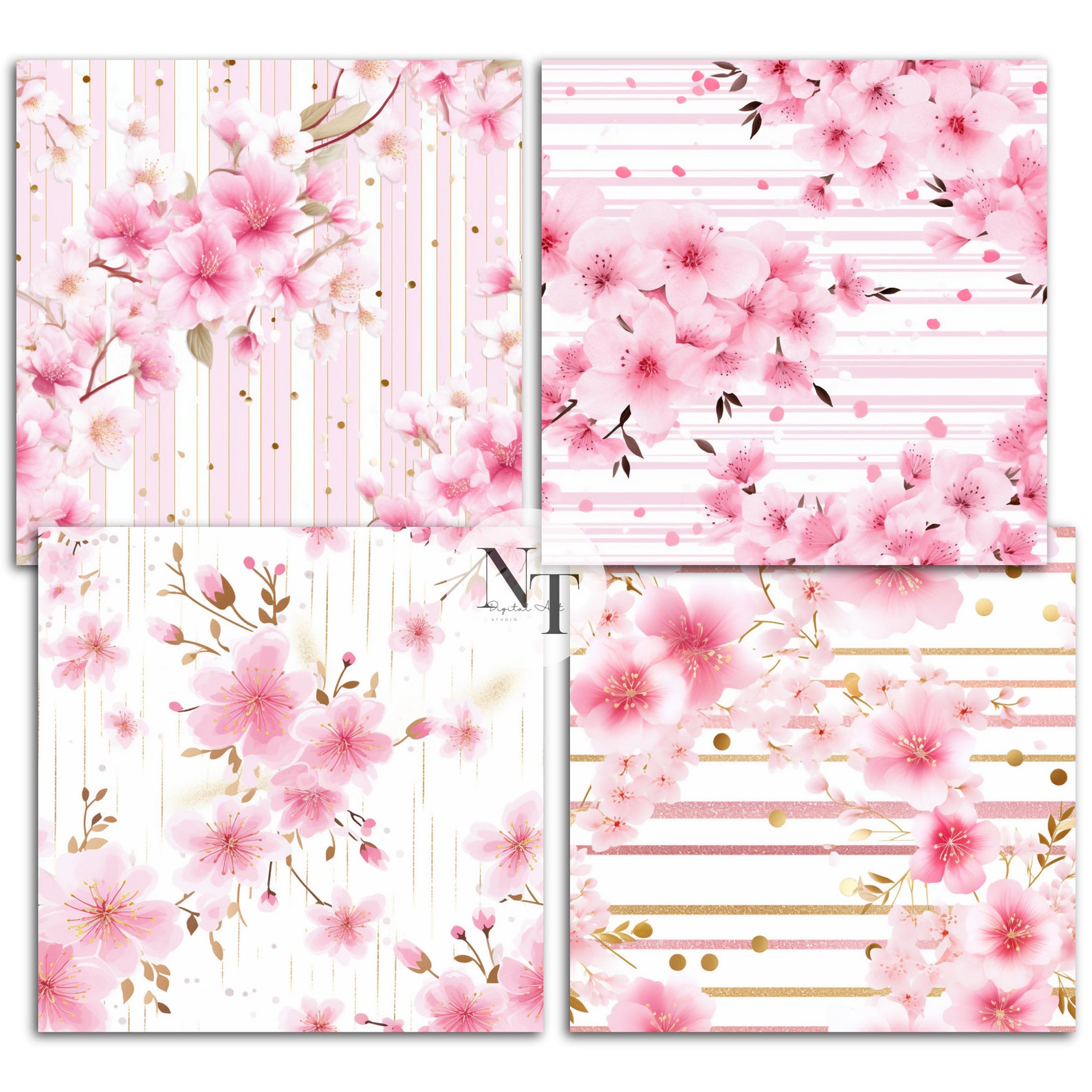 Cherry Blossom Digital Papers Sakura Paper Pack Spring Flower Scrapbook ...