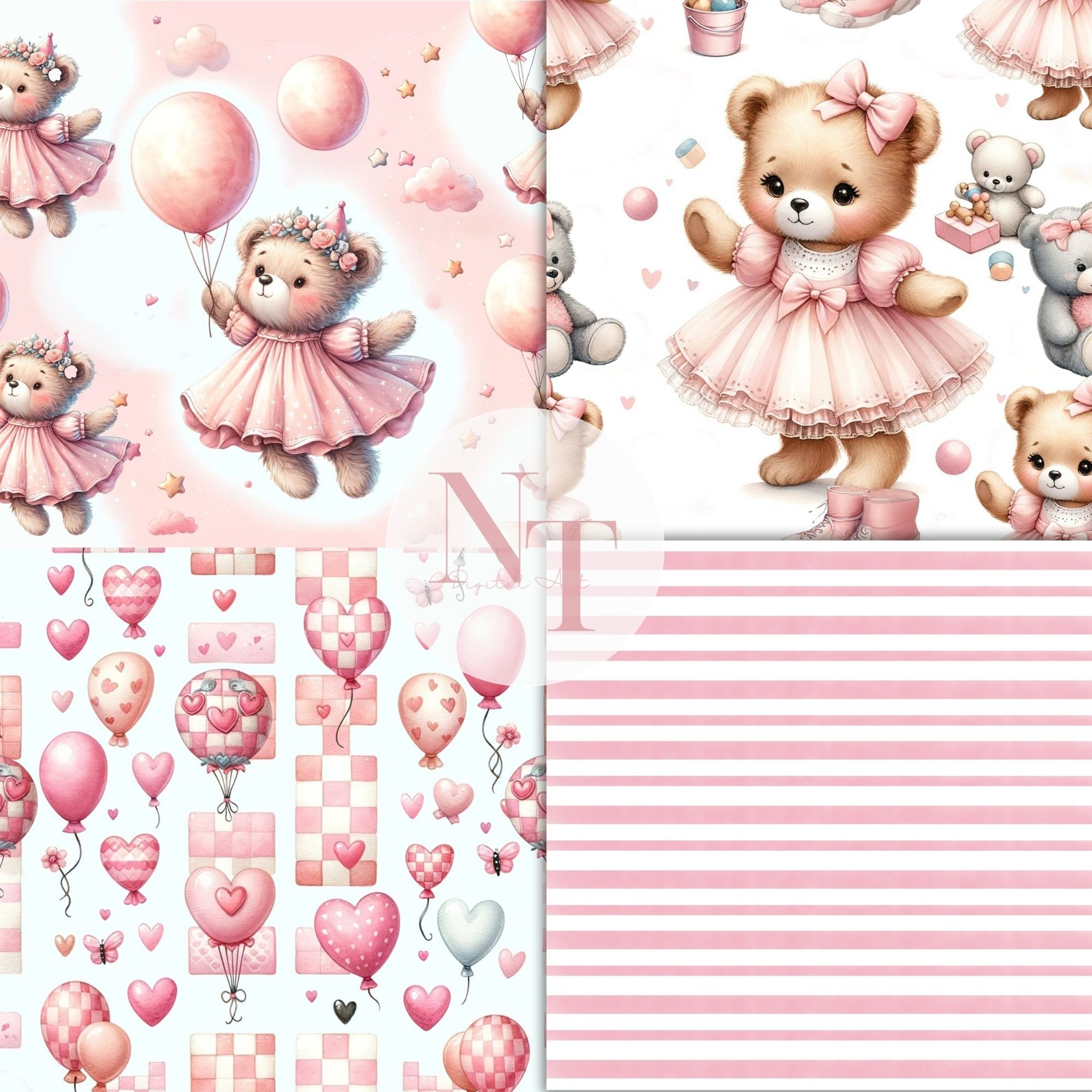 Pink Teddy Bear Digital Paper, Baby Bear Pattern, Nursery Baby Girl ...