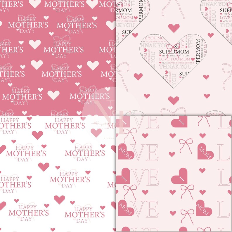 Mothers Day Digital Paper Mom Seamless Pattern Pink Heart Scrapbook ...