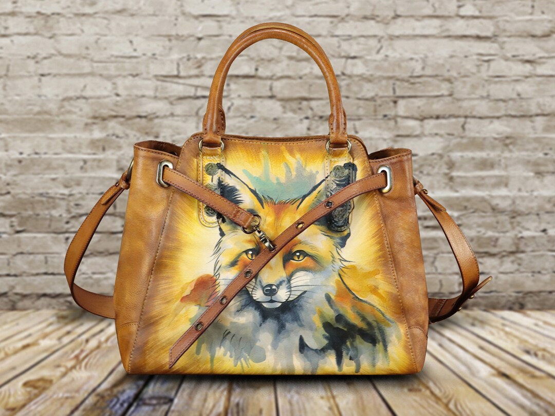 Genuine Leather Satchel for Women Hand Painted Fish Pattern Shoulder ...