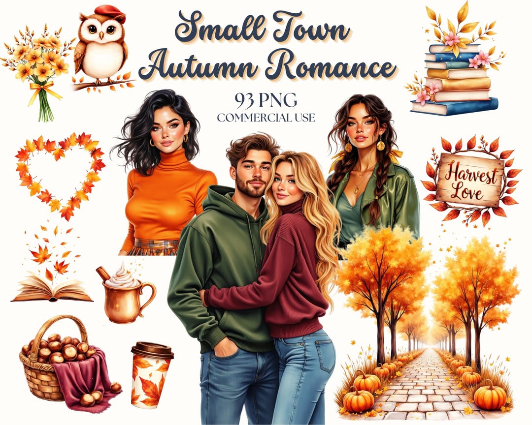 Autumn Romance Clipart: Watercolor Fall Leaves, Pumpkins (digital ...