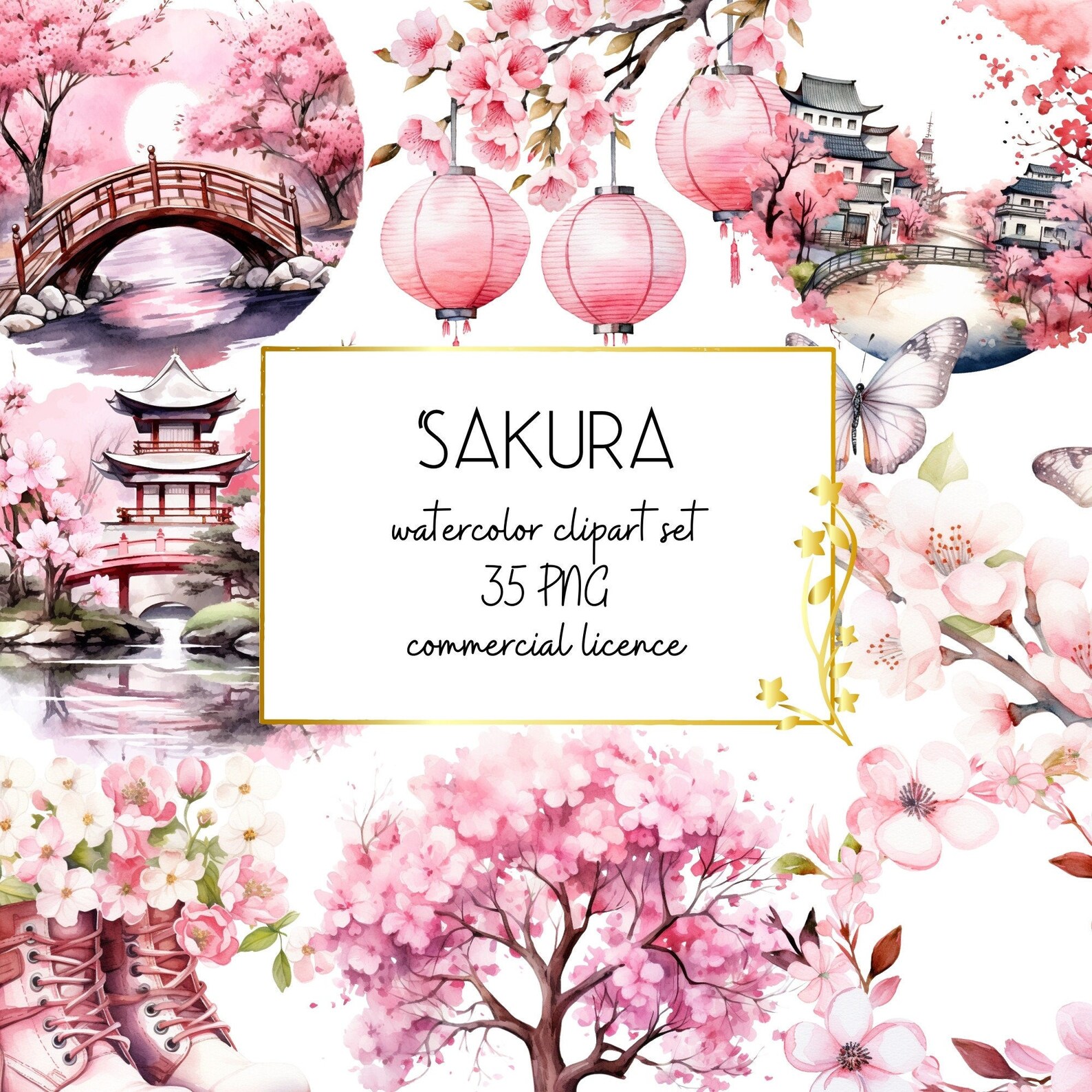 Sakura Watercolor Clipart Bundle, Cherry Blossom Watercolor Clipart ...