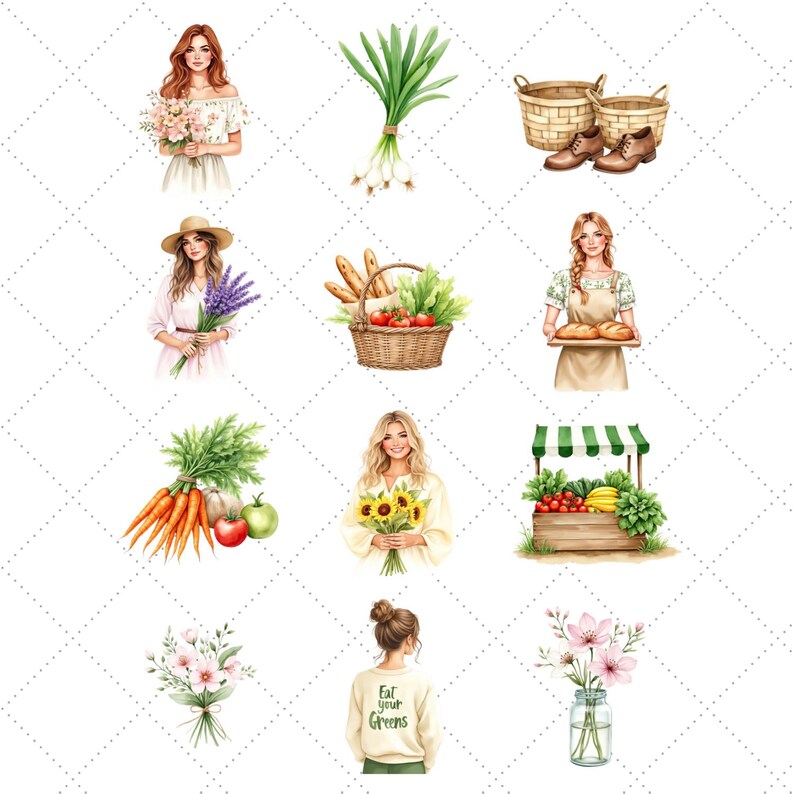 Farmers Market Watercolor Clipart, Fresh Fruit Clipart, Fresh Vegetable ...