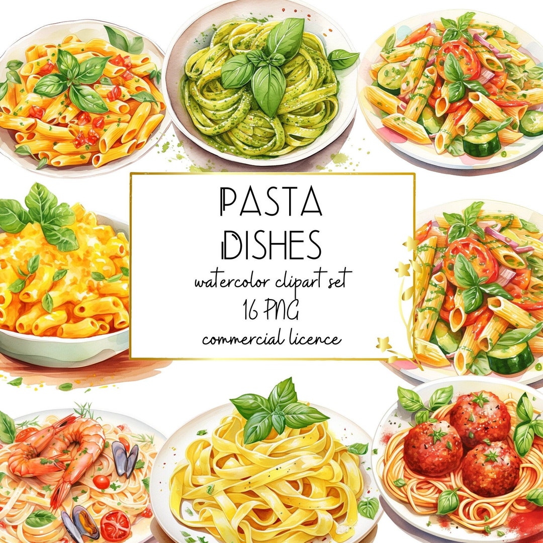 Watercolor Pasta Dishes Clipart Bundle, Italian Food Watercolor Clipart ...