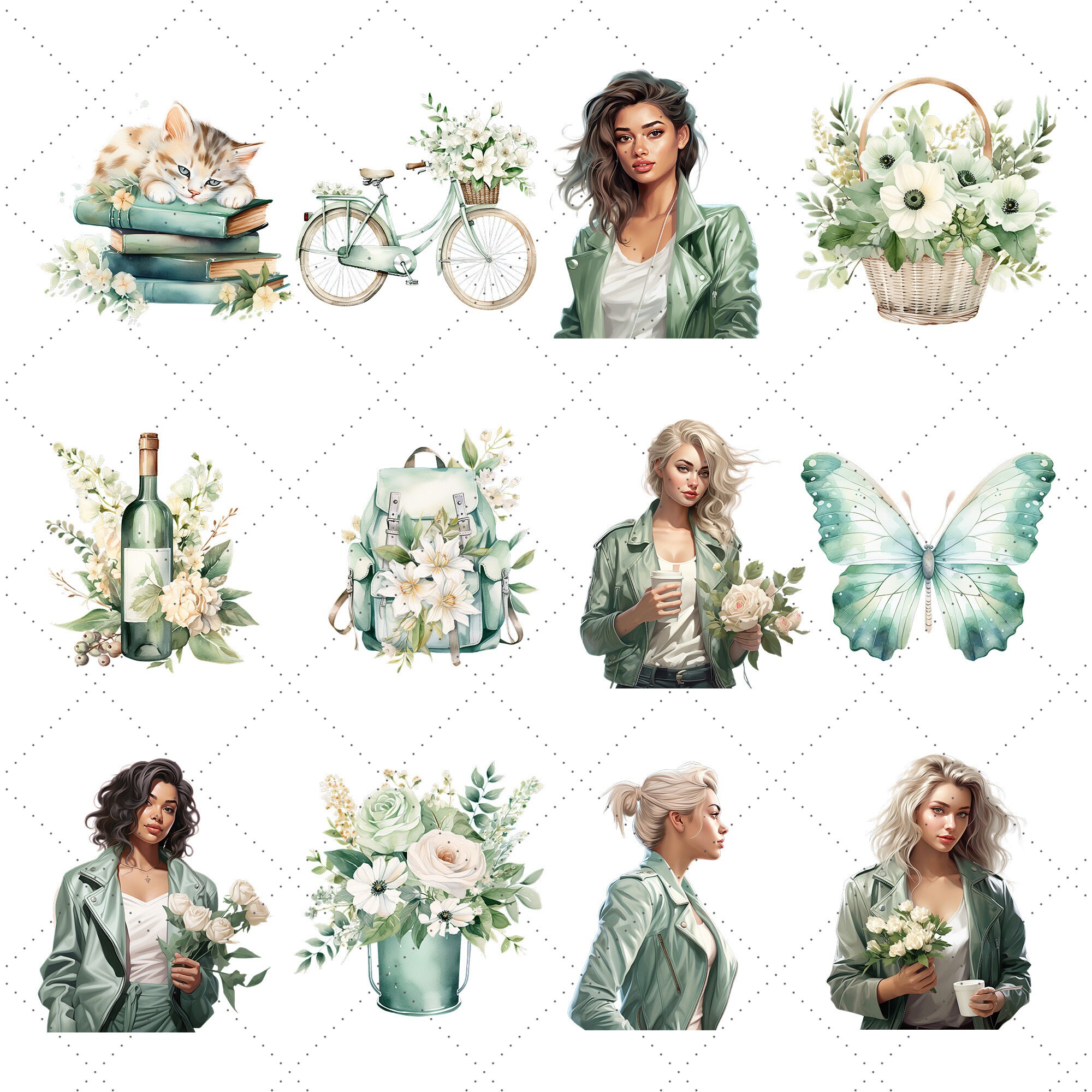 Watercolor Green Spring Clipart Bundle, Spring Digital Stickers, Cozy ...