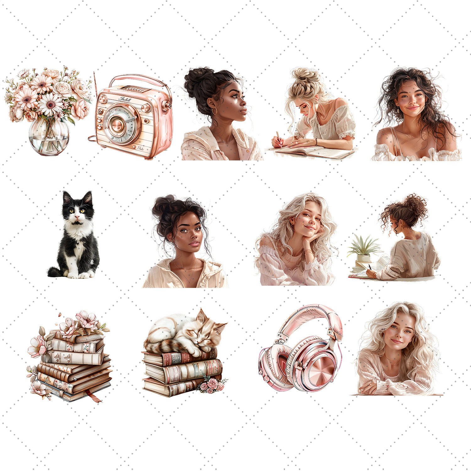 Ivory and Beige Planner Lover Watercolor Clipart Set, Planner Girl PNG ...