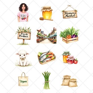 Farmers Market Watercolor Clipart, Fresh Fruit Clipart, Fresh Vegetable ...
