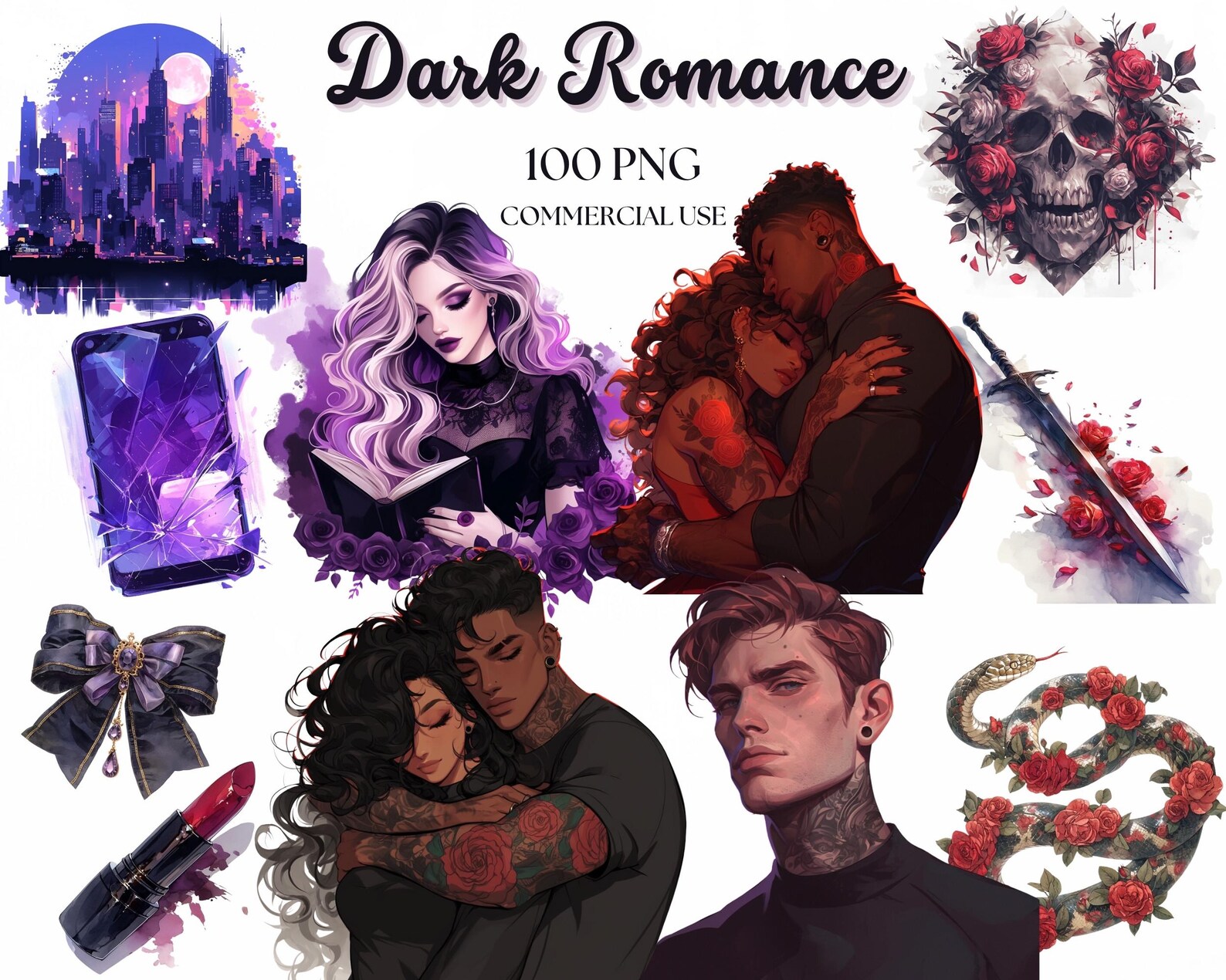 Dark Romance Bookworm Clipart: Gothic PNG Collection (100 Pngs ...