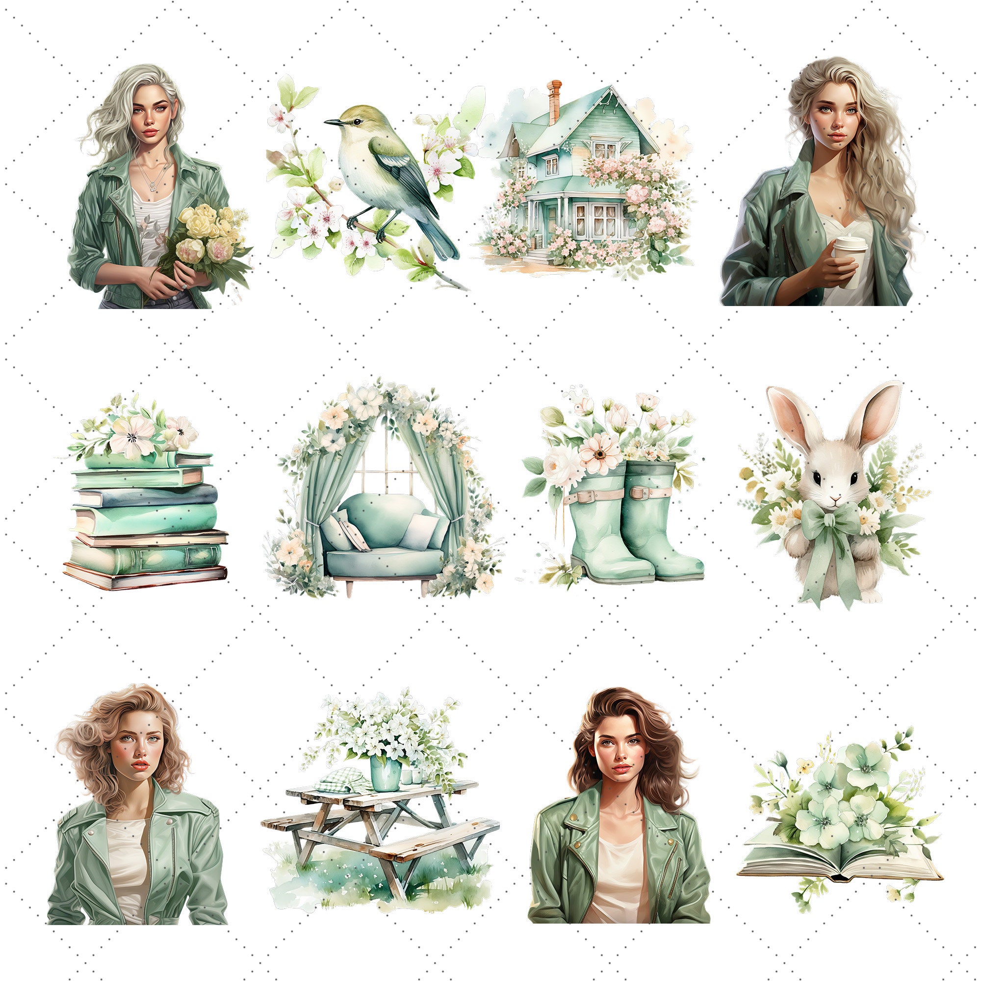 Watercolor Green Spring Clipart Bundle, Spring Digital Stickers, Cozy ...