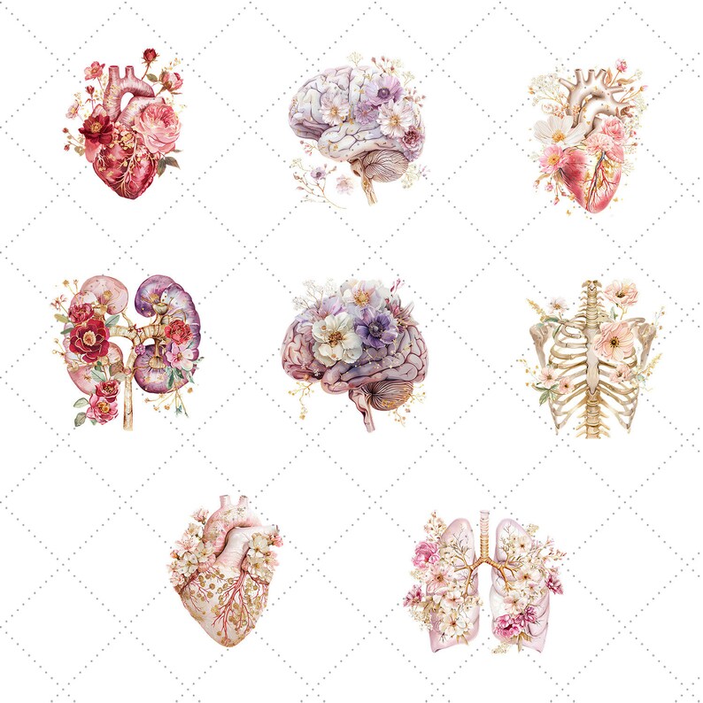 Floral Anatomy Watercolor Clipart: Lung, Heart, Skull, Brain Digital ...