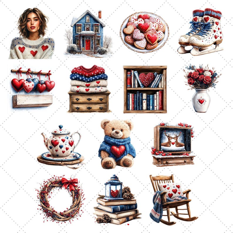 Valentines Day Clipart, Love Clipart, Winter Cabin, Heart, Watercolor ...