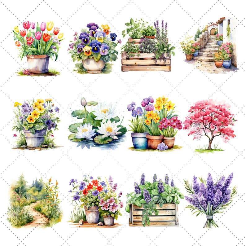 Spring Gardens Clipart: Watercolor Flower & Cottage PNG Bundle (48 Pngs ...