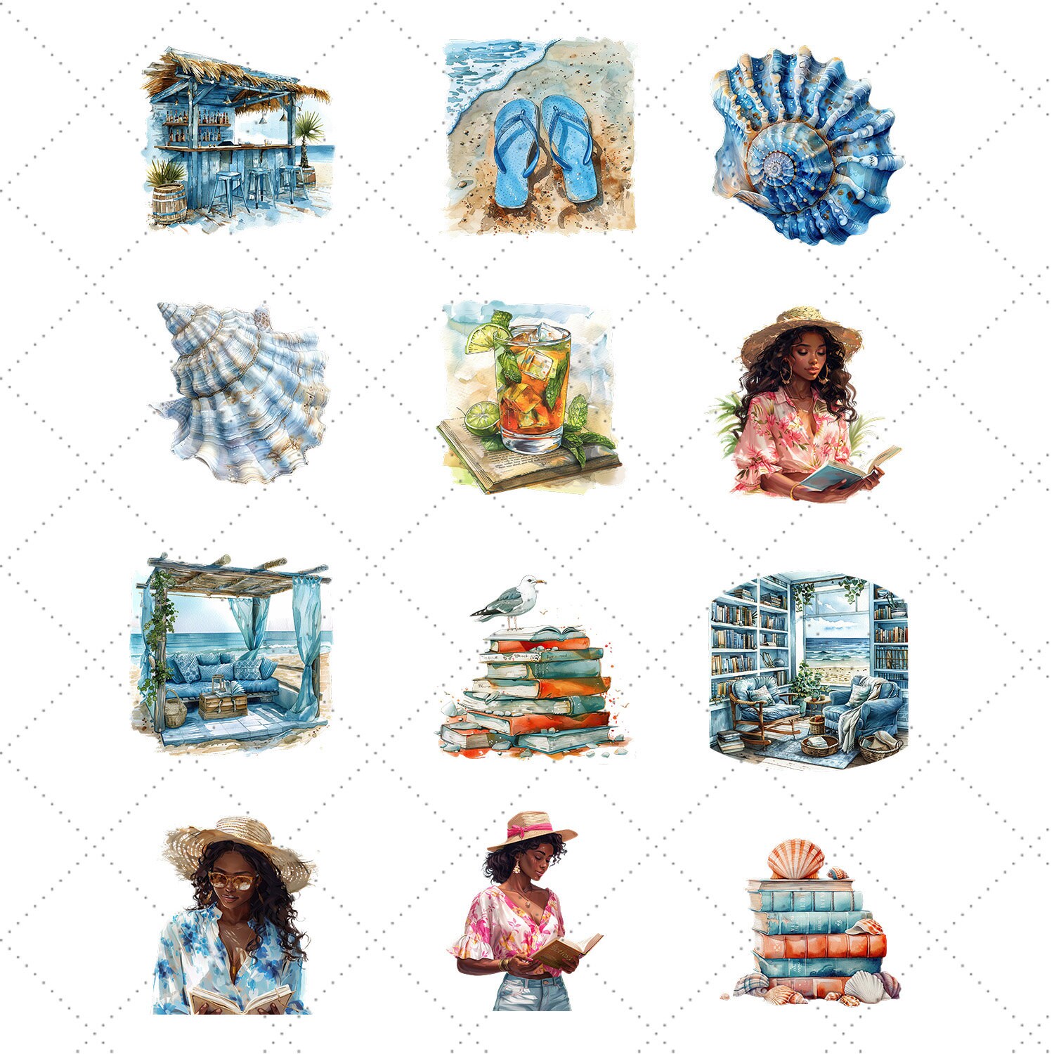 Summer Reading Watercolor Clipart, Reading at the Beach Clipart ...