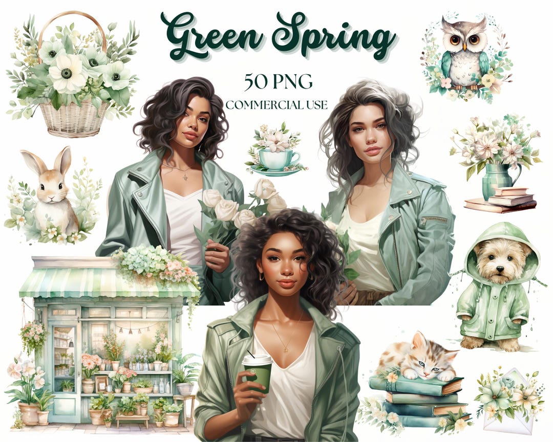 Watercolor Green Spring Clipart Bundle, Spring Digital Stickers, Cozy ...