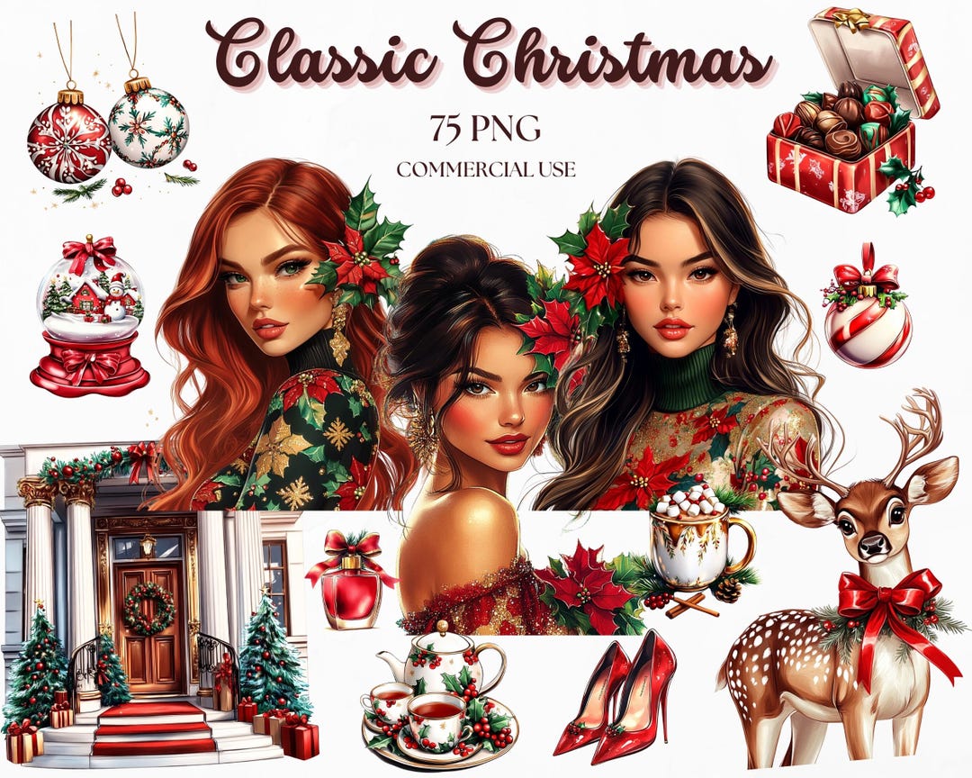Classic Christmas Clipart: Poinsettia Red Holiday PNG Bundle (75 Pngs ...