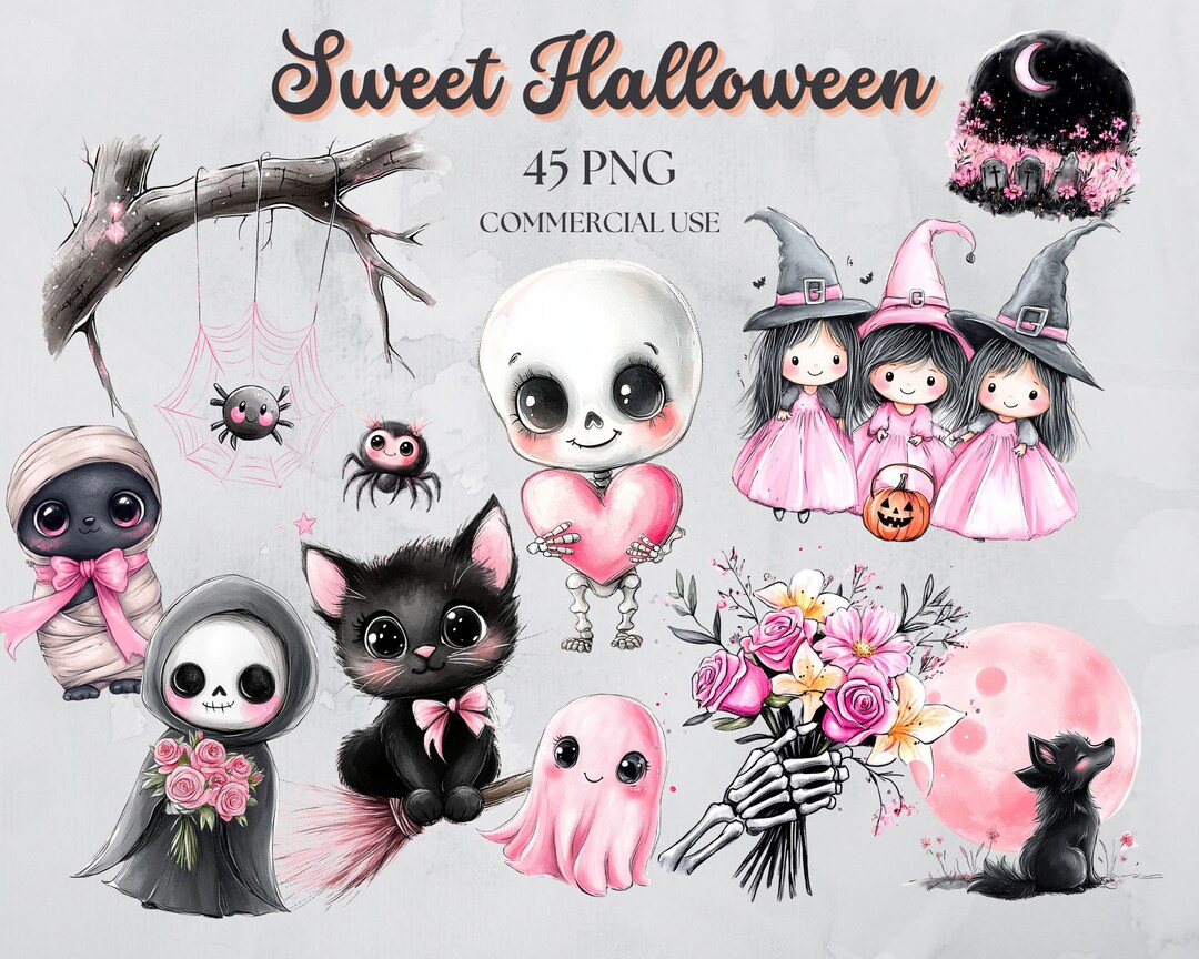 Sweet Halloween Clipart, Spooky Clipart, Pink Halloween, Kids Halloween ...