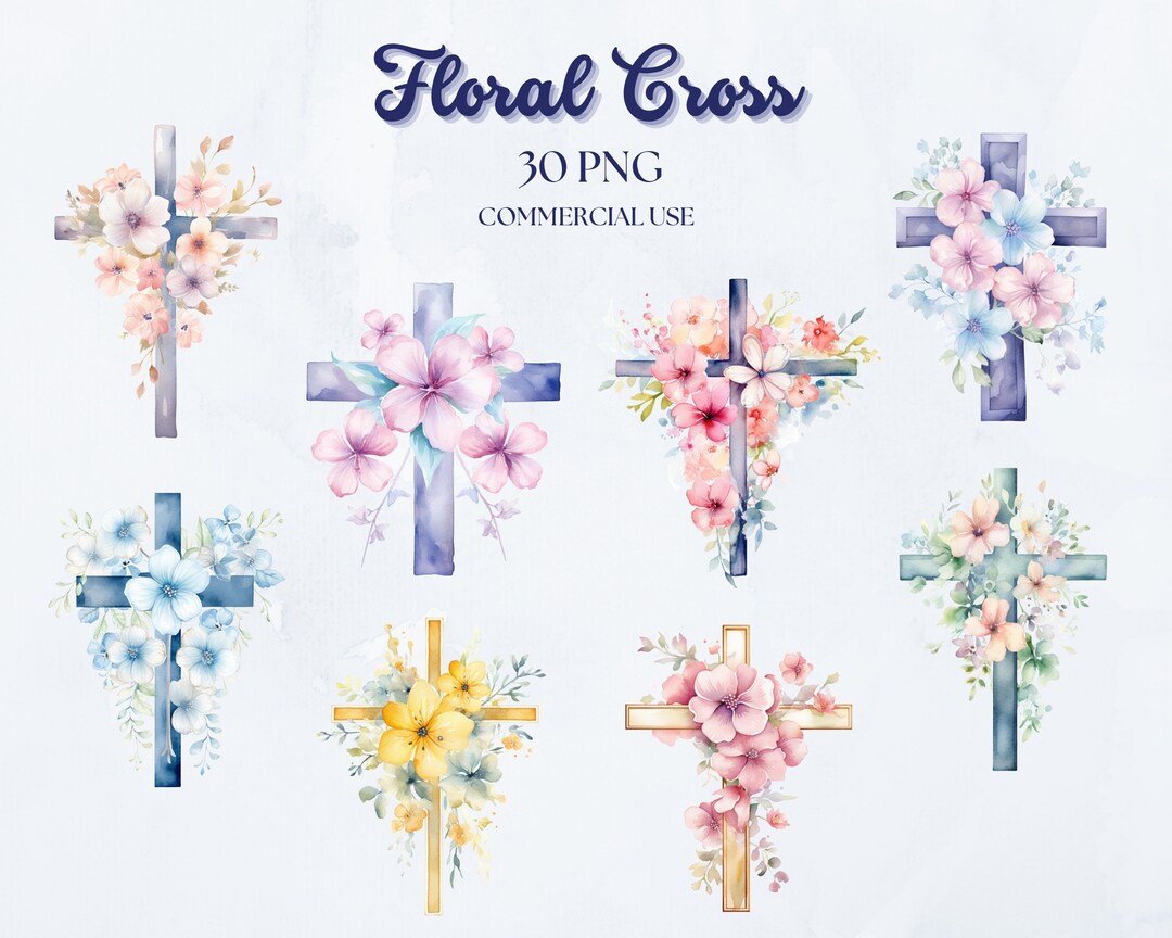 Christian Cross Watercolor Clipart Collection, Floral Cross Clipart ...