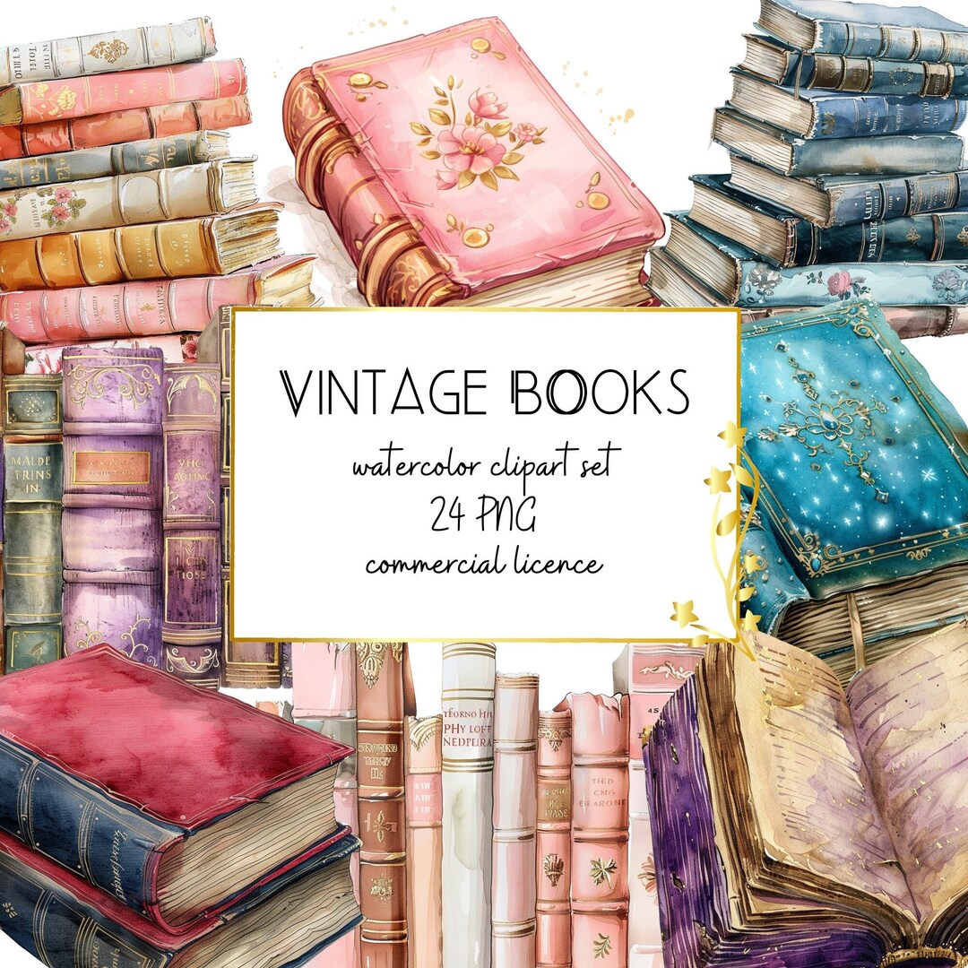 Vintage Books Watercolor Clipart, Watercolor Book Lover Clipart ...