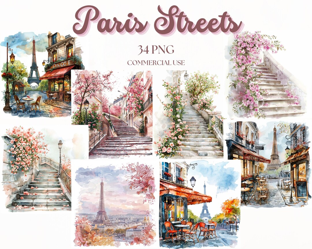 Paris Streets Watercolor Clipart, Vintage Paris Cafe PNG, Paris ...