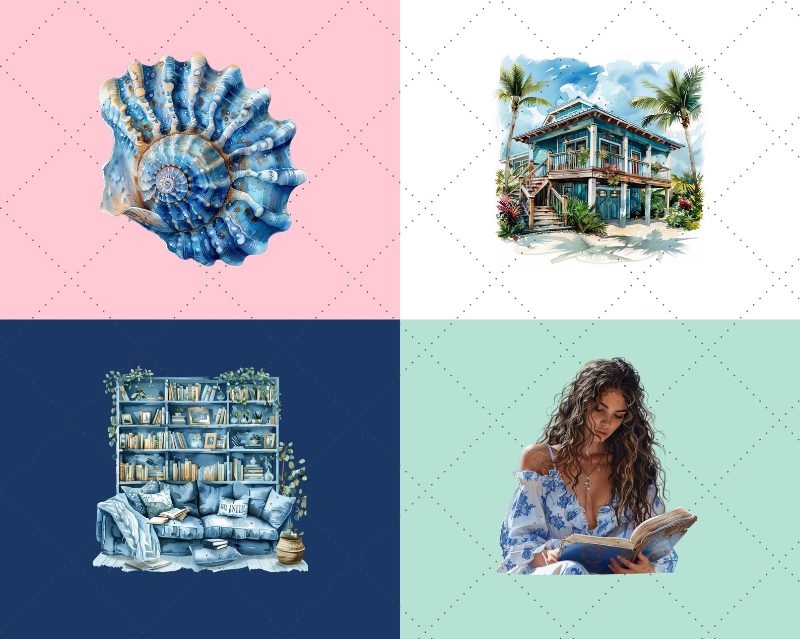 Summer Reading Watercolor Clipart, Reading at the Beach Clipart ...