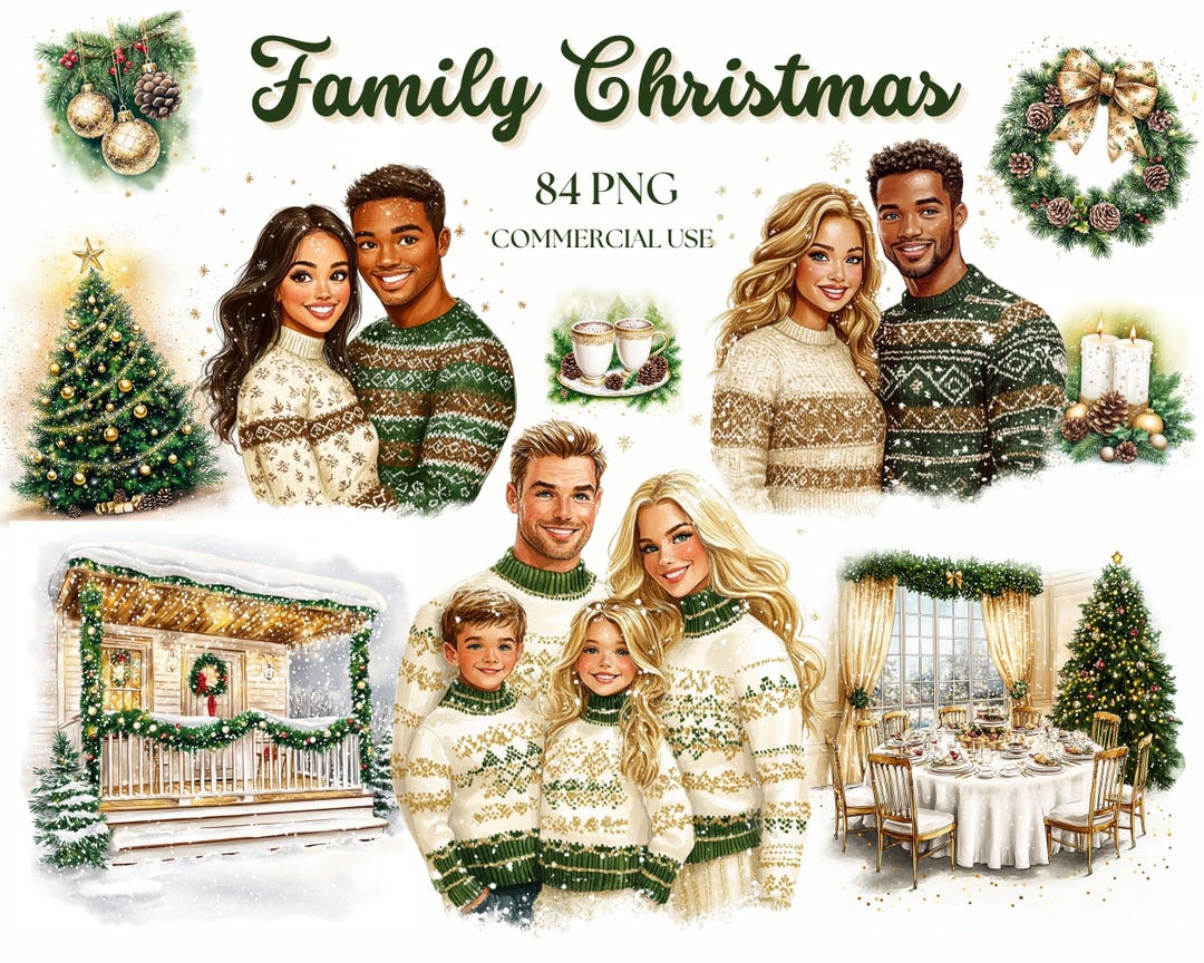 Family Christmas Clipart, Family Holidays Clipart, Elegant Christmas ...