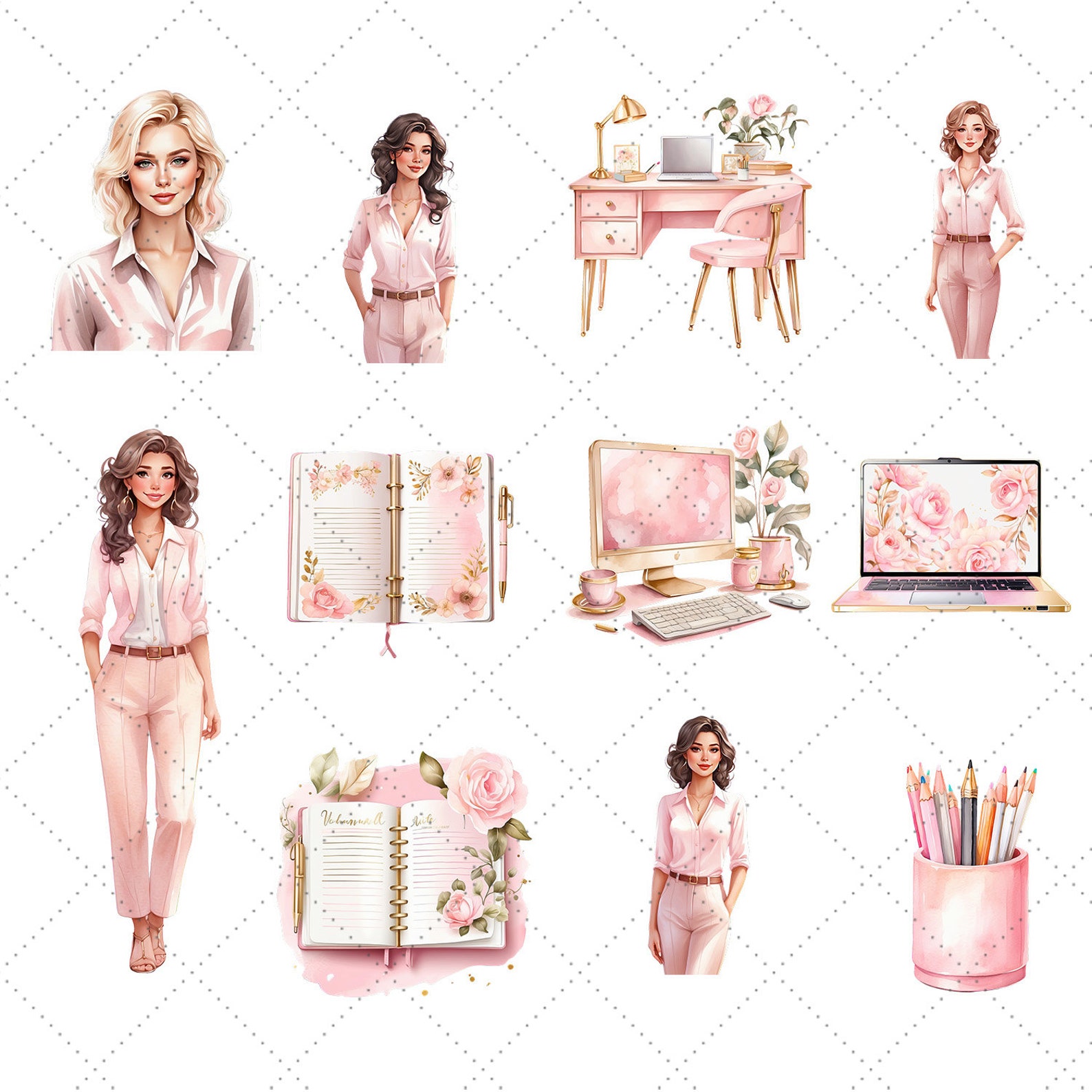 Watercolor Office Clipart Bundle, Pink and Gold Watercolor Office PNG ...