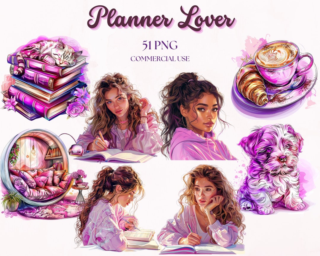 Planner Clipart, Watercolor Journal Clipart, Pink Planner Stickers ...