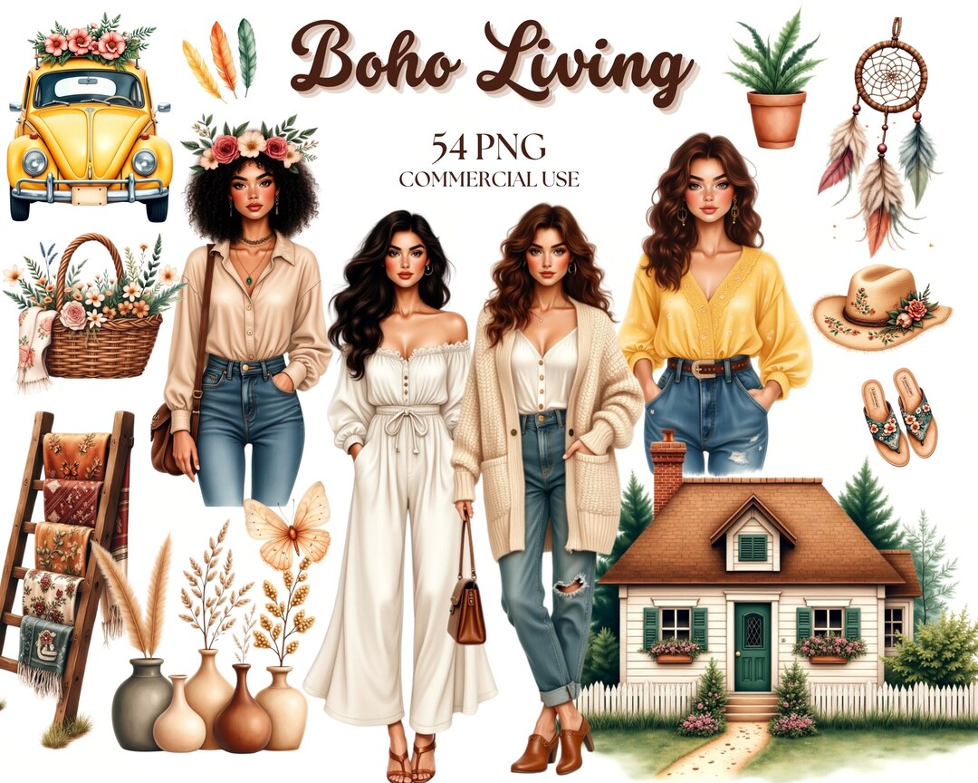 Boho Living Clipart: Cozy Watercolor Home & Fashion PNG Bundle (54 Pngs ...