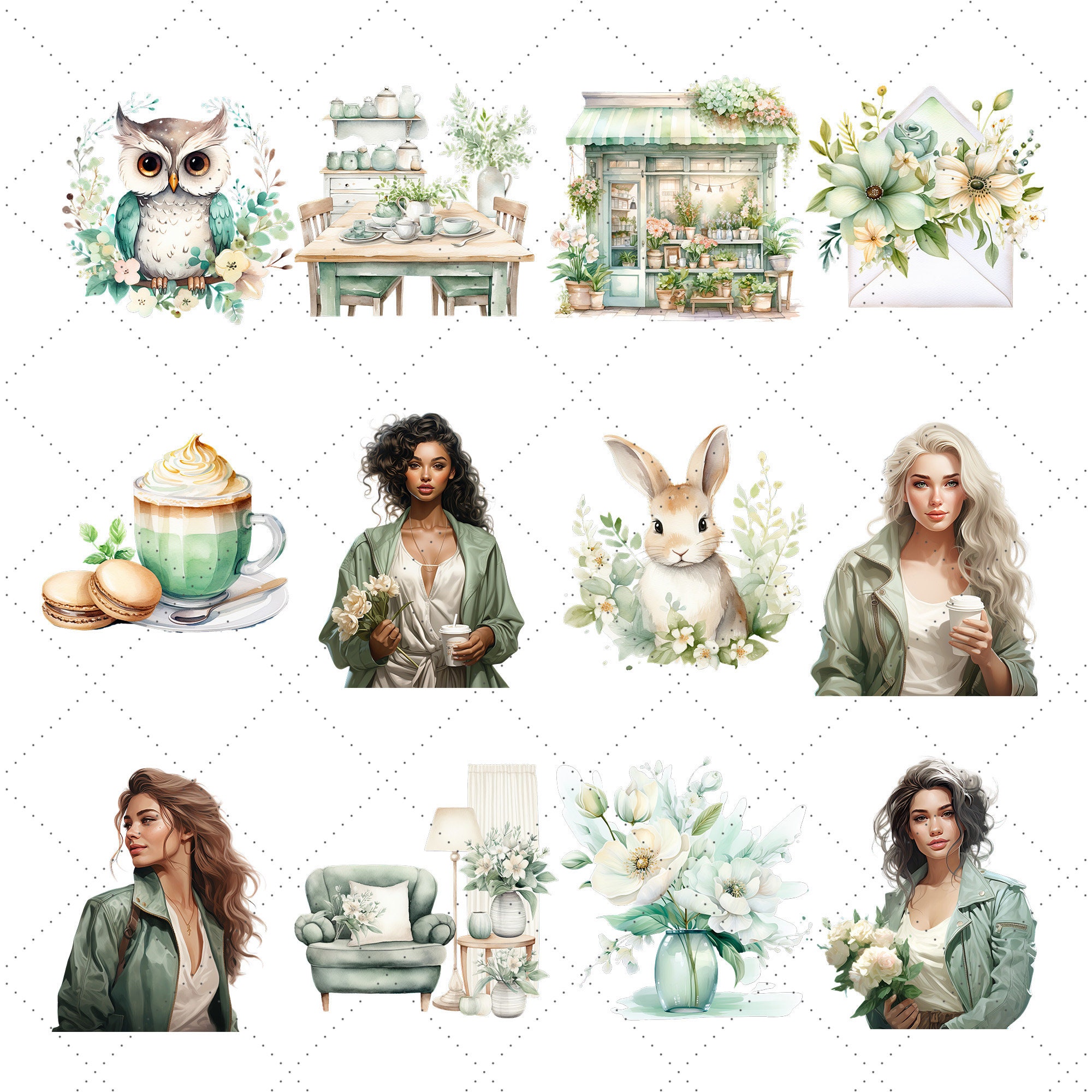 Watercolor Green Spring Clipart Bundle, Spring Digital Stickers, Cozy ...