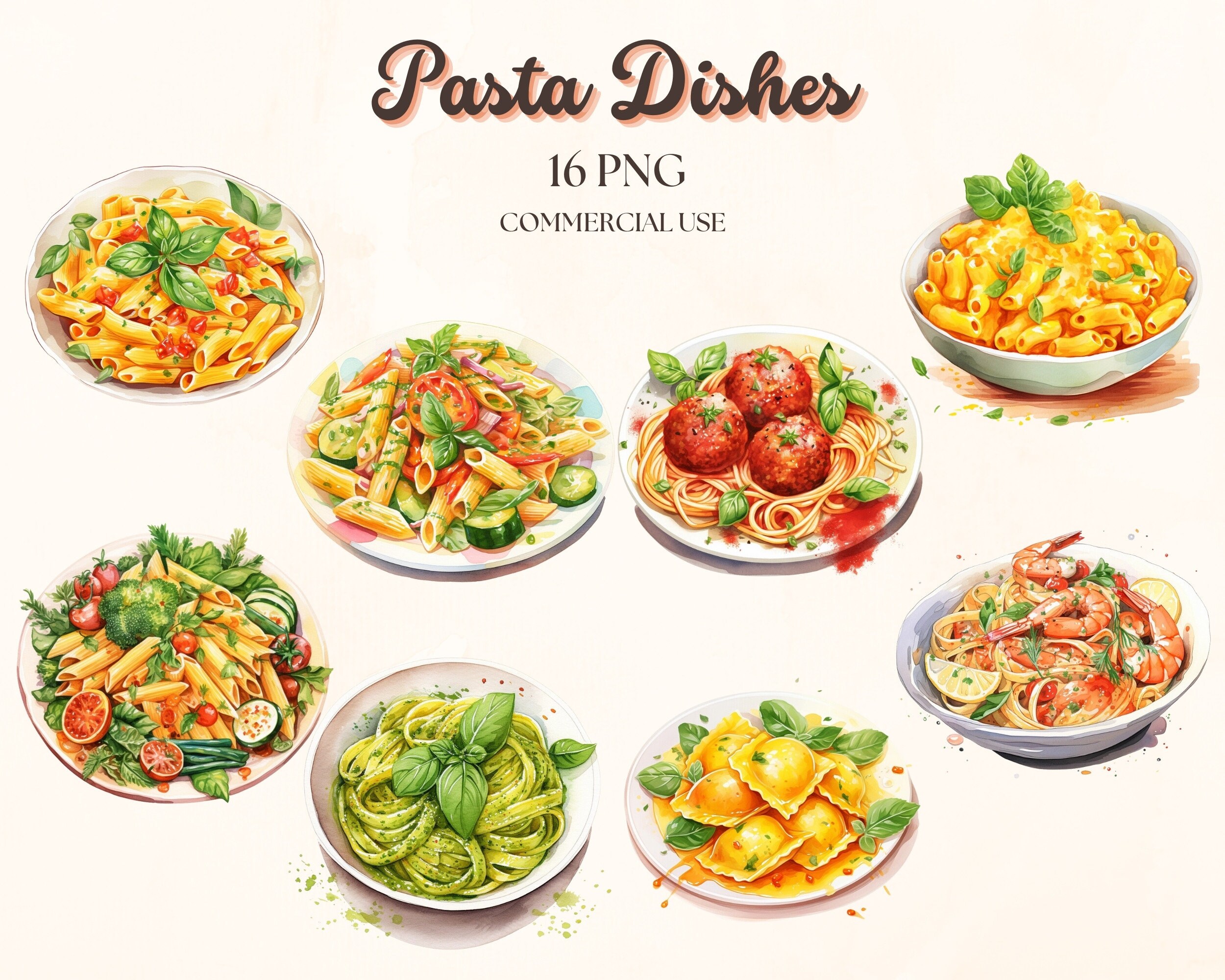 Watercolor Pasta Dishes Clipart Bundle, Italian Food Watercolor Clipart ...