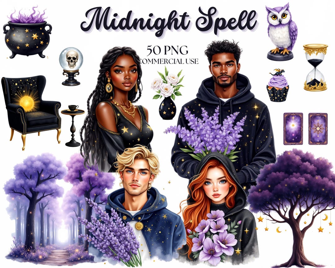 Midnight Spell Clipart, Night Garden Clipart, Bruxa da Noite, Jardim ...