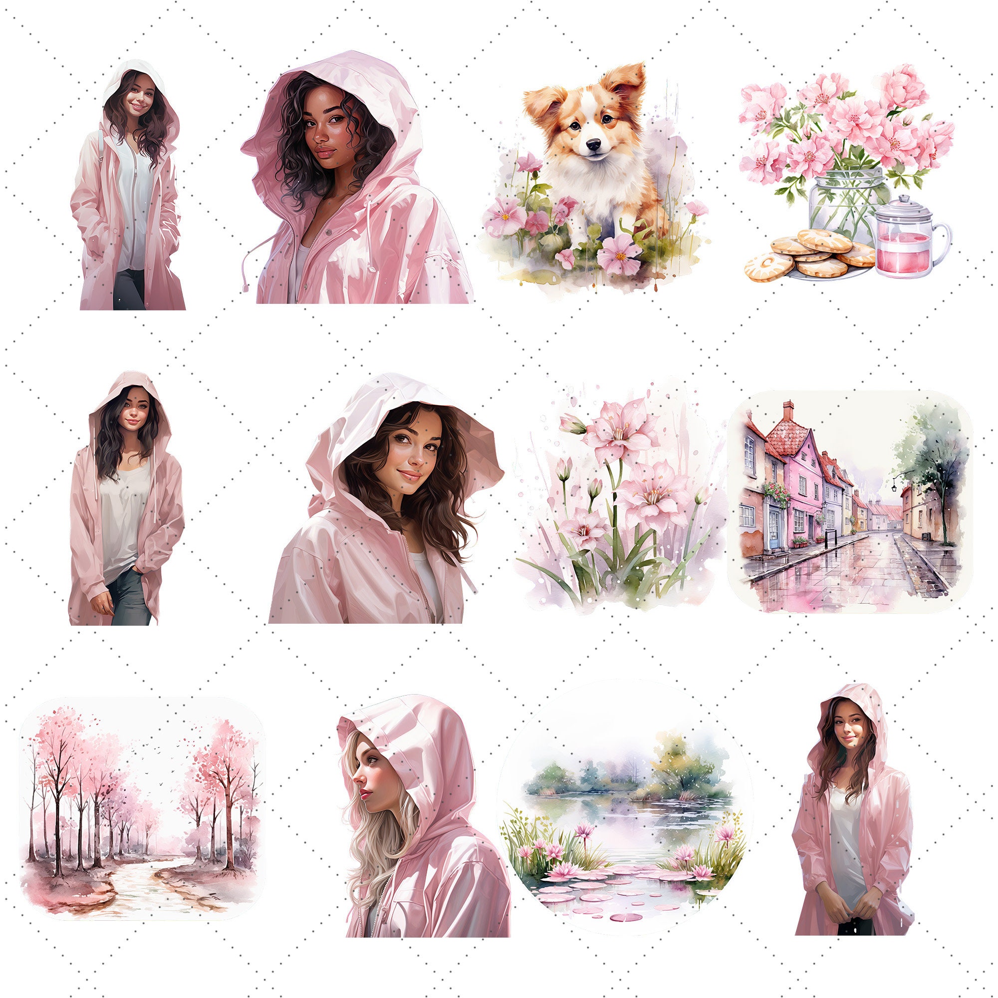 Rainy Spring Watercolor Clipart Bundle, Pink Rainy Spring Watercolor ...
